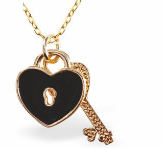 Dainty Heart "Key to my Heart" Necklace, Black and Golden Coloured with ...